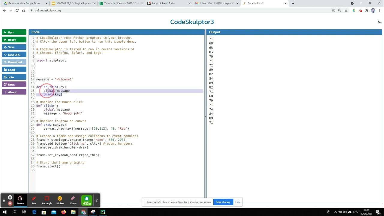 Codeskulptor Intro To Animation Using Global Variables Youtube