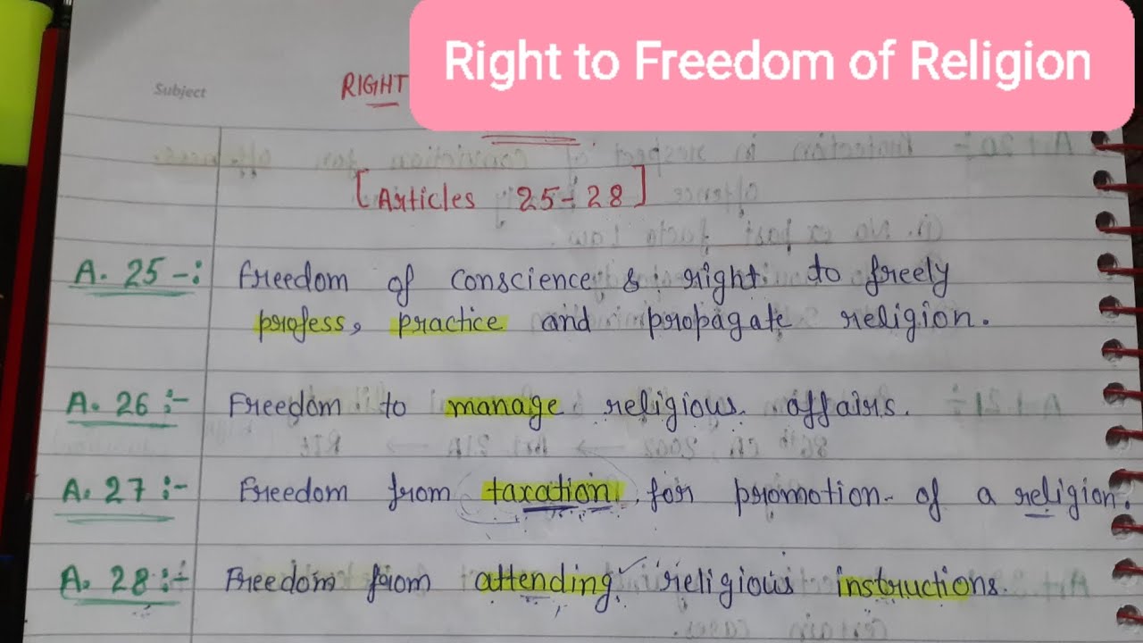 Right to Freedom of Religion (Article 25-28) /Handwritten Notes/ Indian ...