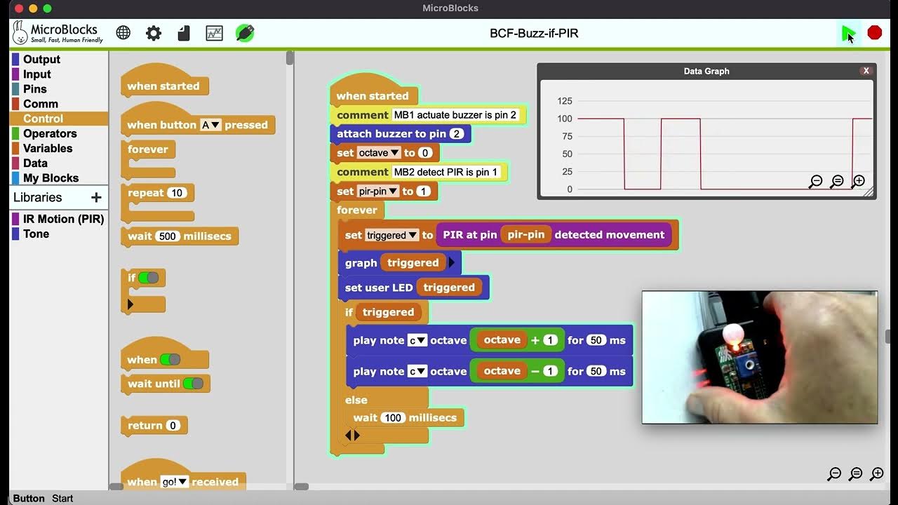 BeagleConnect Freedom runs MicroBlocks! Demo of PIR detection = BUZZ! - YouTube