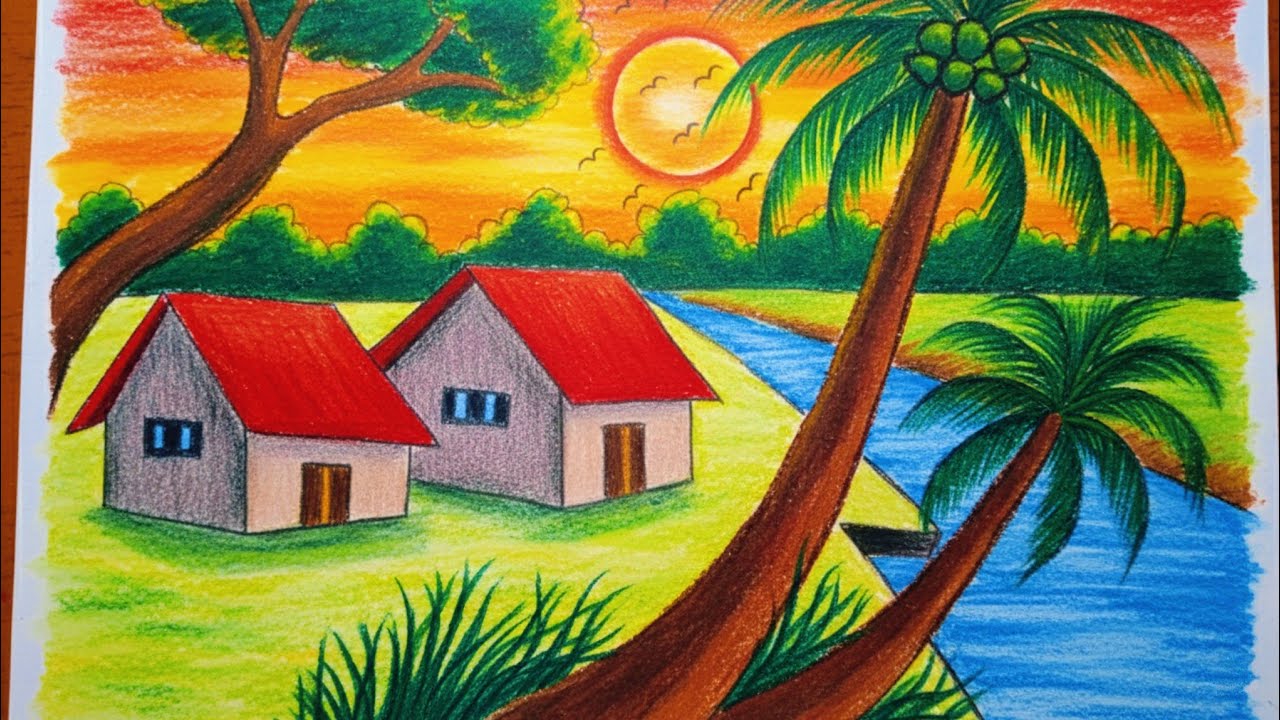 How to draw village scenery/Koushole Deisso aka sikhun/Easy Technique ...