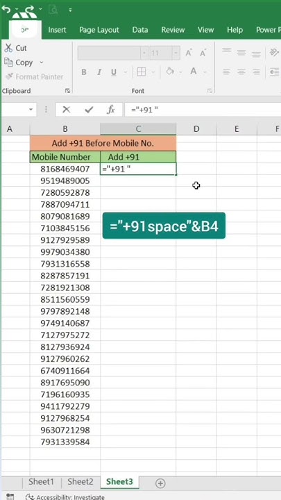 How to add +91 before mobile number. #excel #mexcel - YouTube
