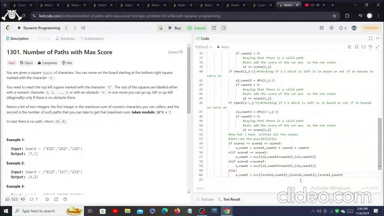 Day1- Number of Paths with Max Score- in Python-DP(recursive with memoization) - YouTube