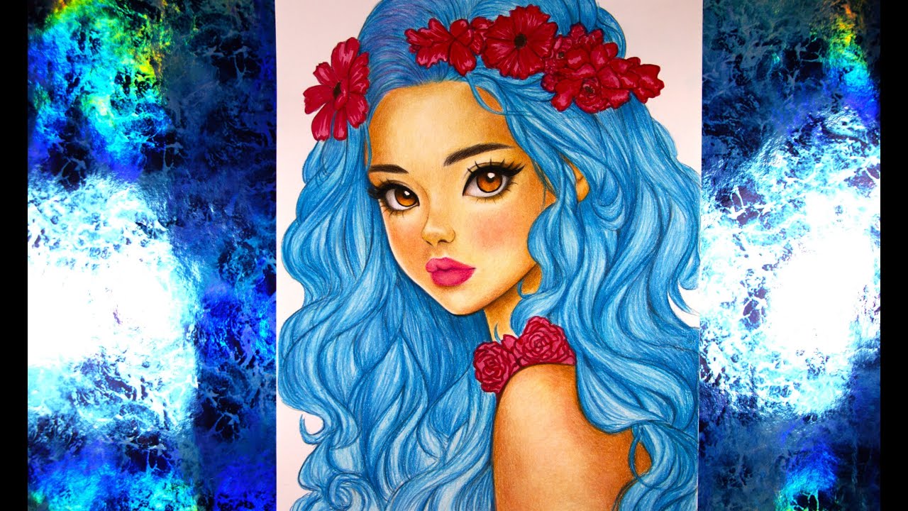 Coloring with colored pencils of a beautiful girl with blue hair - YouTube