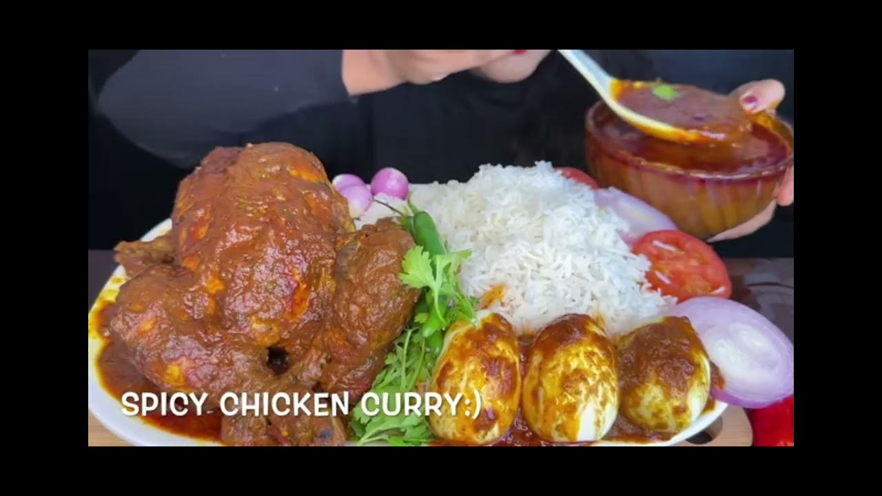 part- 1 EATING SPICY WHOLE CHICKEN CURRY, EGG CURRY, BASMATHIRICE ...