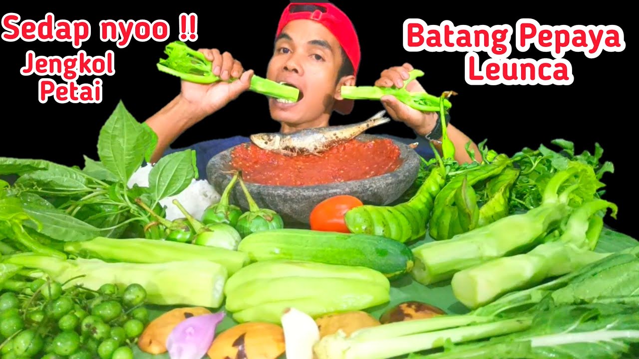 Mukbang Aneka Lalapan Mentah Sambal Terasi Ikan Asin Batang Pepaya