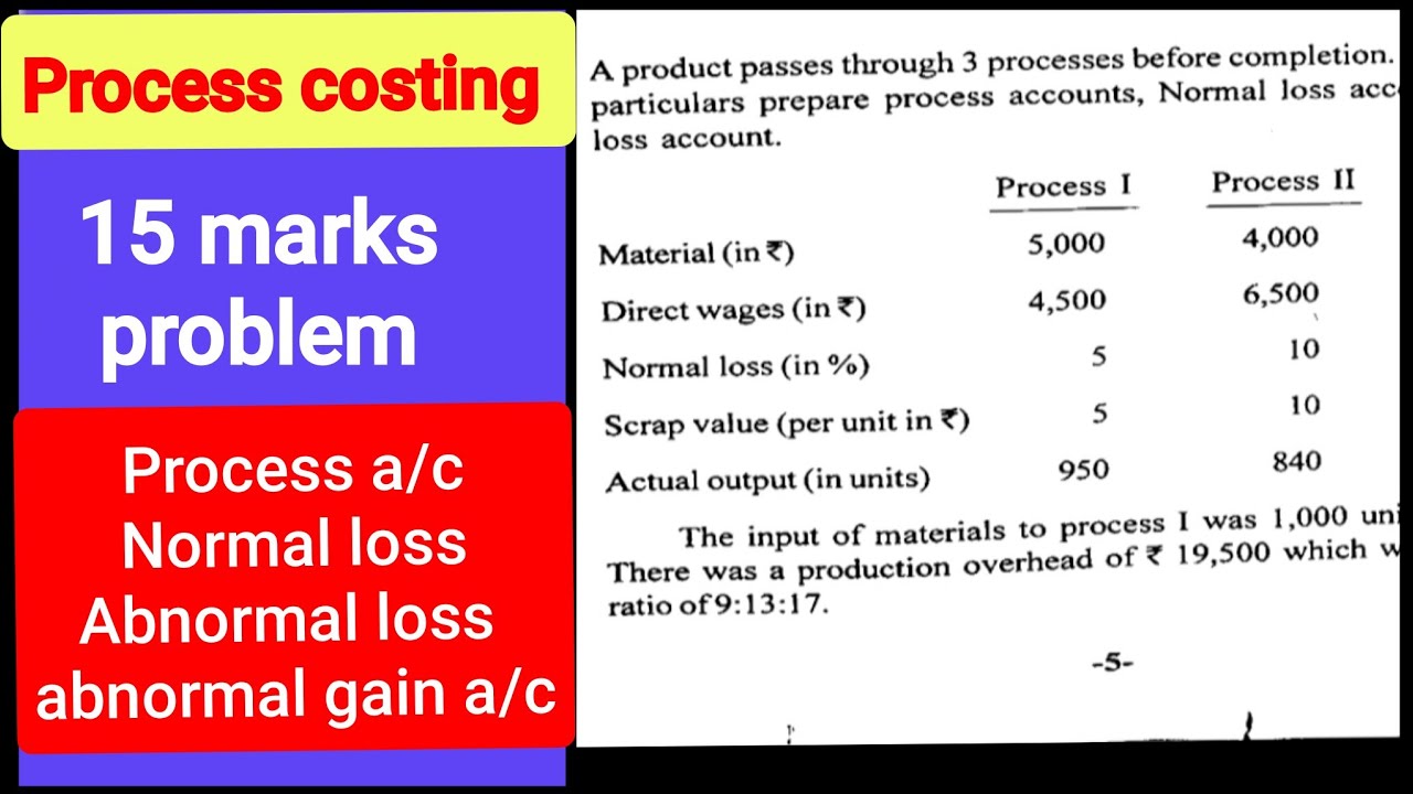 Process costing, normal loss a/c, abnormal loss and gain a/c problem no ...
