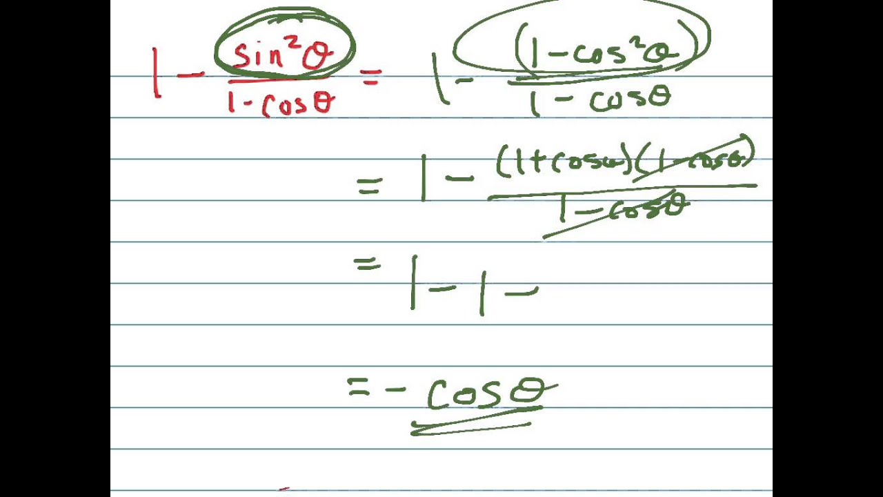 Verify 1- sin^2(x)/(1-cosx) = -cosx - YouTube