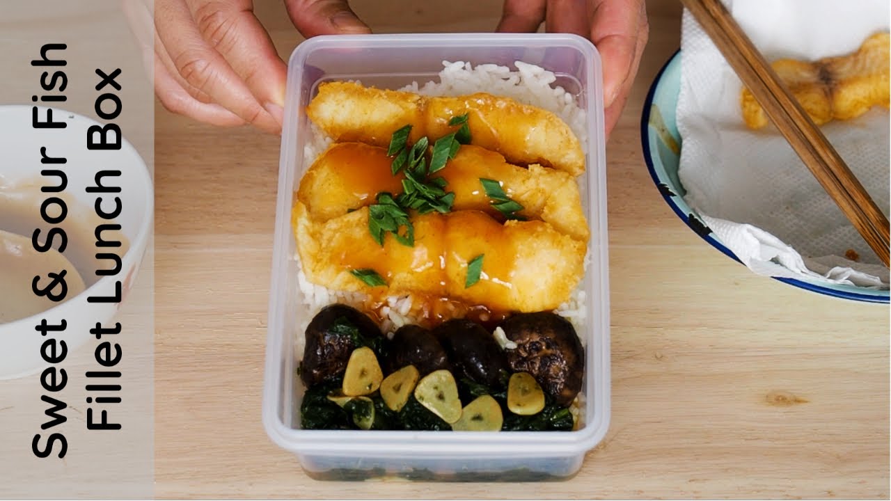 Sweet And Sour Fish Fillet Lunch Box With Stir-Fried Spinach and ...