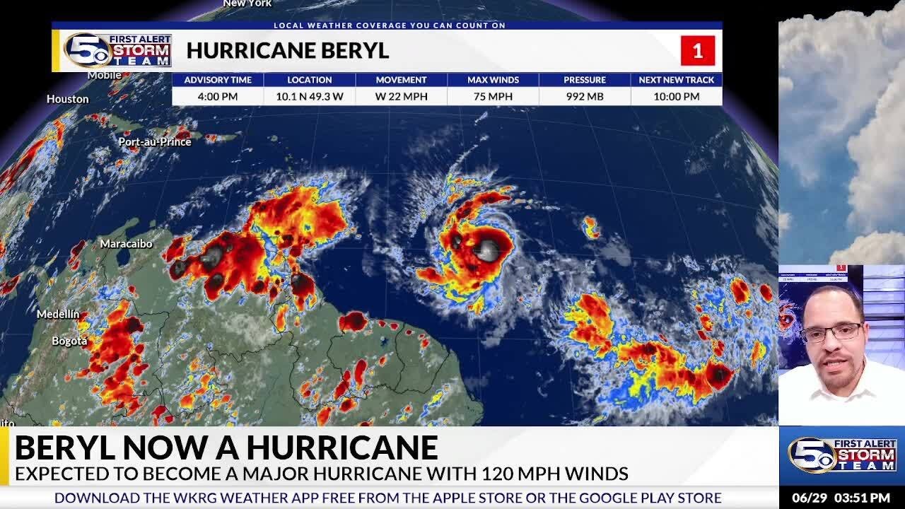 Beryl now a Hurricane, Winds could reach 120 mph by Monday - YouTube