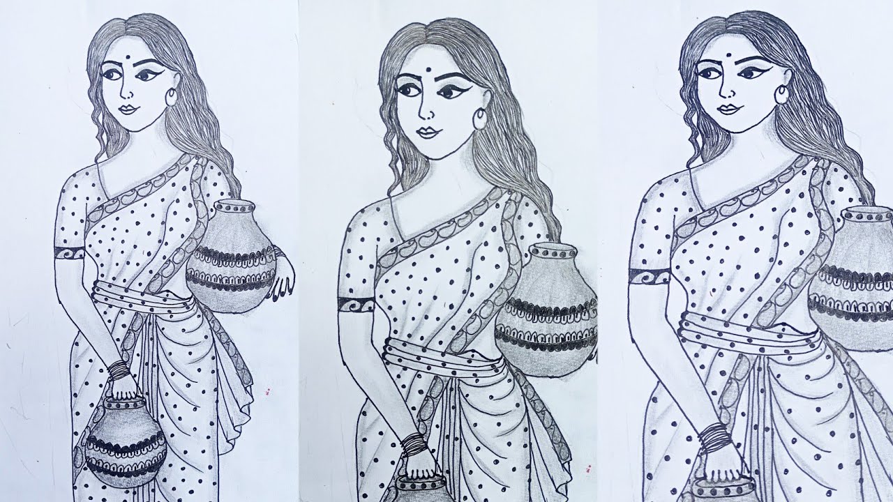 How to draw a girl with pot|Pencil sketch for beginners|Easy drawing ...