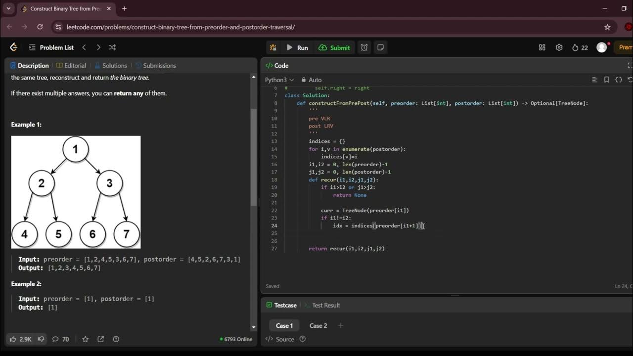 Leetcode Daily - 889. Construct Binary Tree from Preorder and Postorder Traversal | Python - YouTube