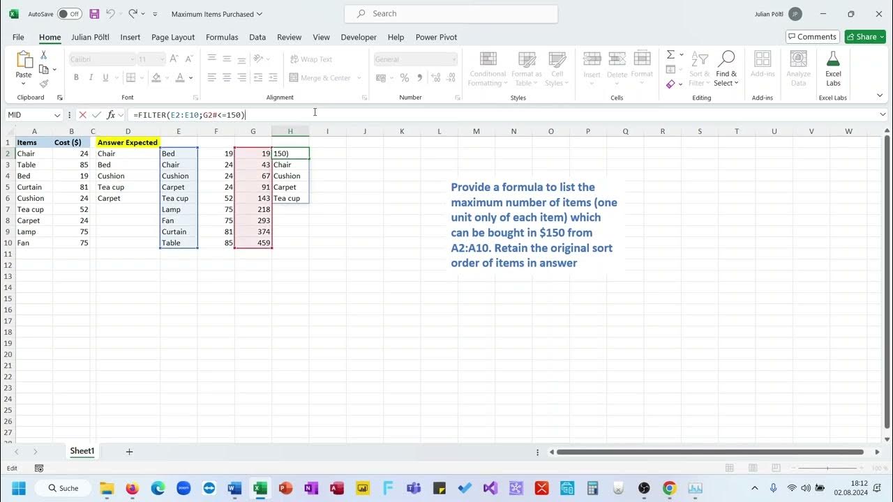 Excel BI Challenge 180 - Maximum Items Purchased (use of the SCAN function for running totals ...