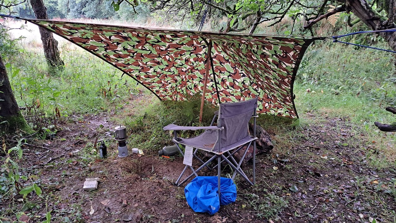 Wild Camping Tarp Rain And Wind Set Up. Tarp Repair Patch Testing ...