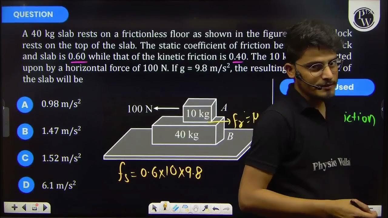 A \(40 kg\) slab rests on a frictionless floor as shown in the figure. A \(10 kg\) block rests o ...