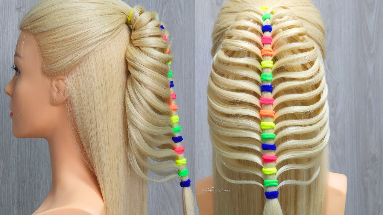 Peinado Media Cola Alta con Ligas | Trenza de Pluma | Trenza Esqueleto ...