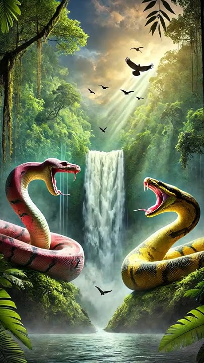 Epic Jungle Showdown: Pink Python vs. Yellow Anaconda at the Waterfall ...