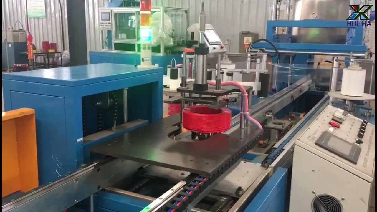 1230 cable coiling +tying+heat shrink film machine - YouTube