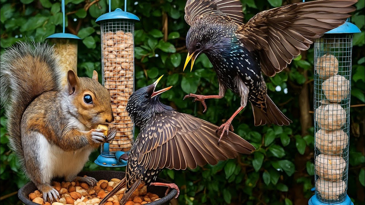 Squirrel Steals the Show While Starlings Fight Over Food! 🐿️🐦 - YouTube