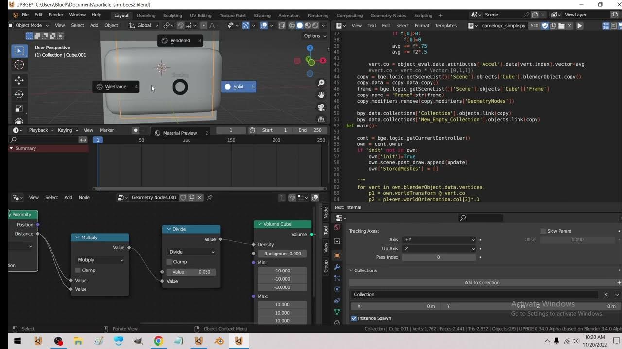 Using geonodes + upbge sim output to then skin in volume cube to nodes - YouTube