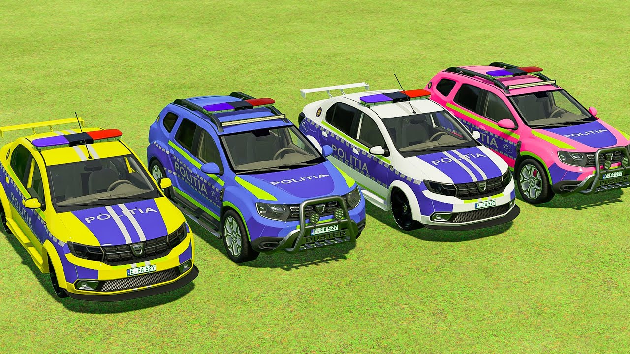 POLICE CARS OF COLORS! TRANSPORTING DACIA DUSTER&LOGAN POLICE CARS WITH ...