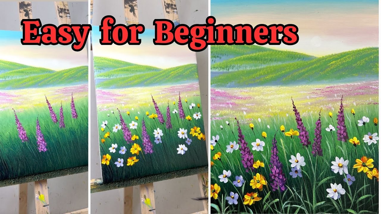 How to Paint a Sunrise Meadow with Wildflowers - Acrylic Landscape ...
