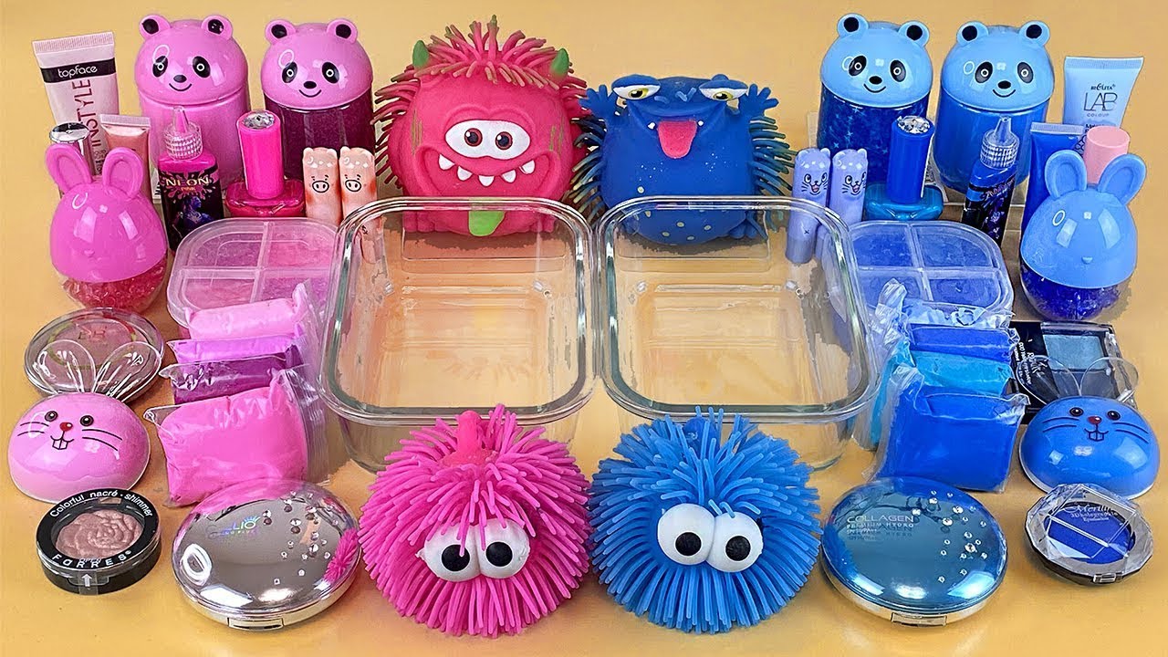 PINK vs BLUE SLIME Mixing makeup and glitter into Clear Slime ...