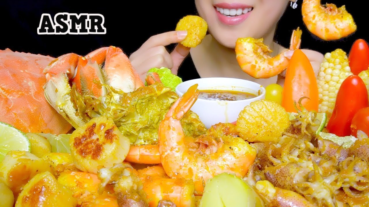 SEAFOOD BOIL PLATTER ASMR (SCALLOPS, SHRIMP, BABY SQUIDS) | EATING ...