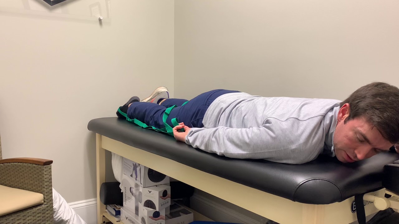 Knee Rehab - Prone quad stretch - YouTube