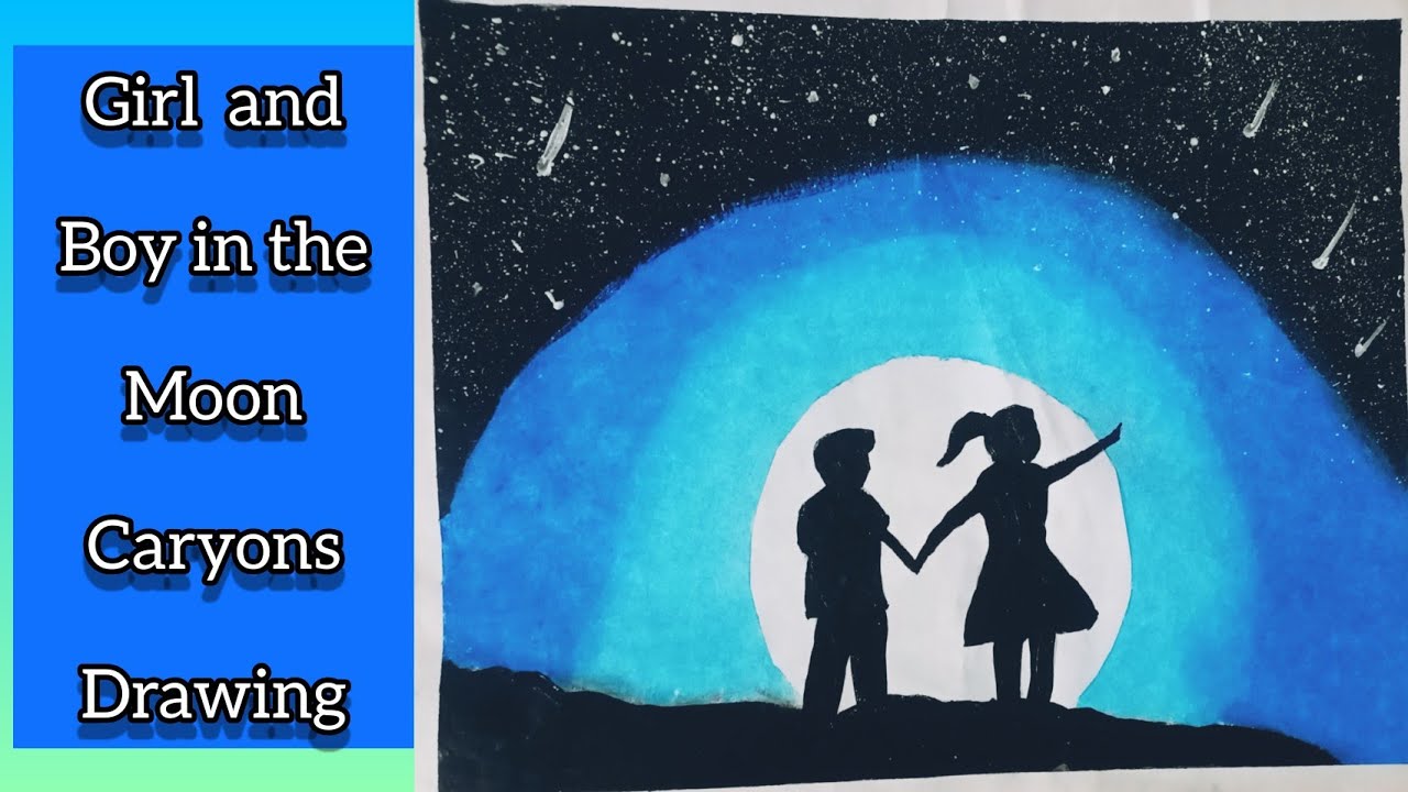 how to draw a girl and boy in moon/ moon scenery drawing with caryons ...