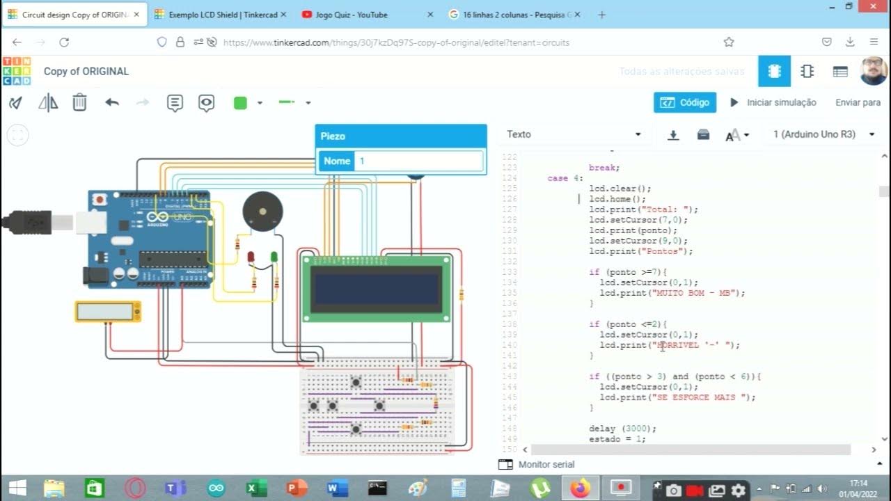 Jogo Quiz- Desafio Eeletrônica (Arduino + TinkerCad) - YouTube
