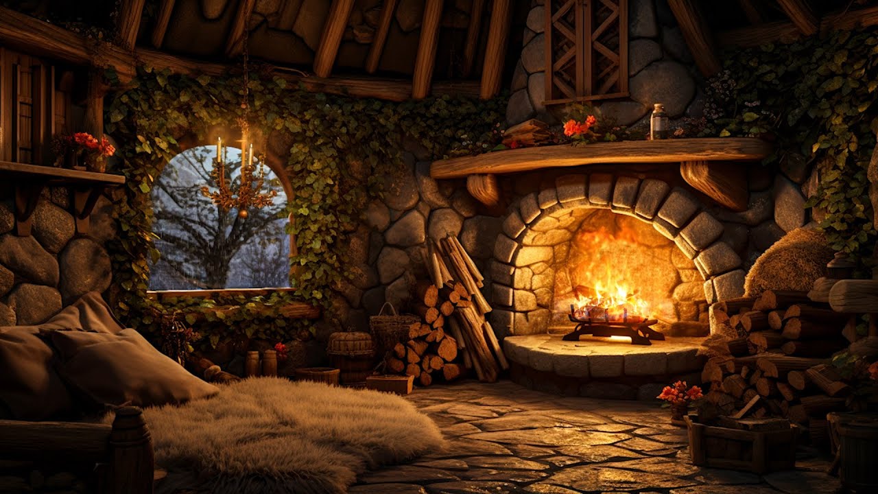 Cozy Hobbit Bedroom - Relaxing Rain and Fireplace Sounds for Deep Sleep ...
