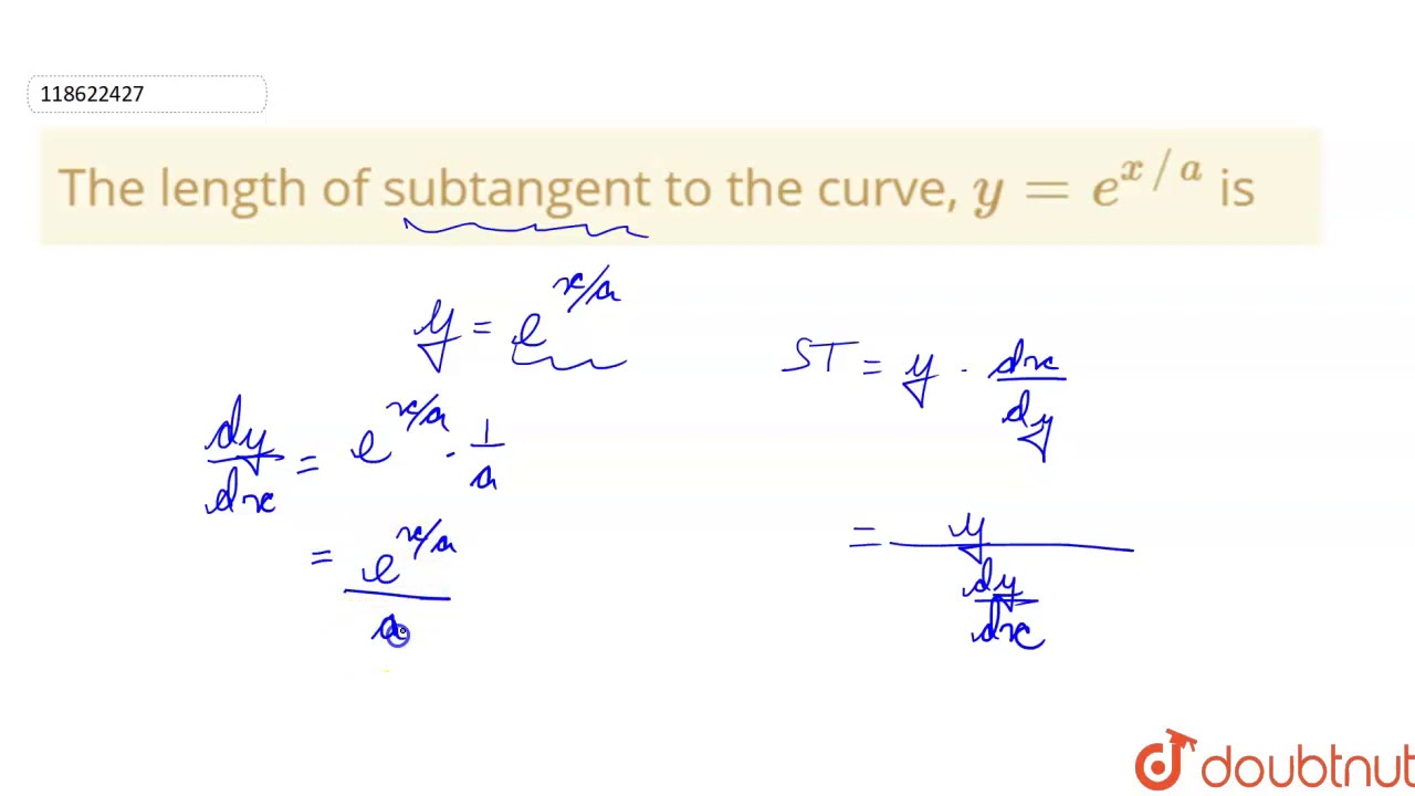 The length of subtangent to the curve, `y=e^(x//a)` is - YouTube