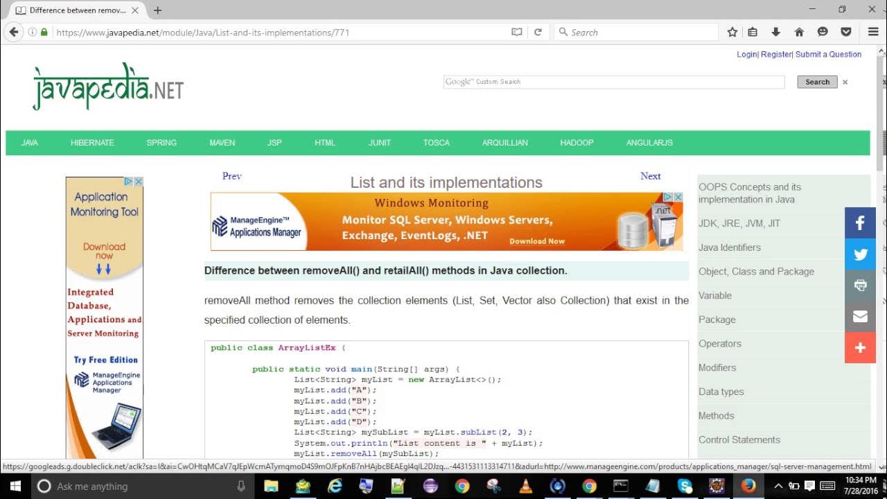 Difference between removeAll() and retailAll() methods in Java collection. | javapedia.net - YouTube