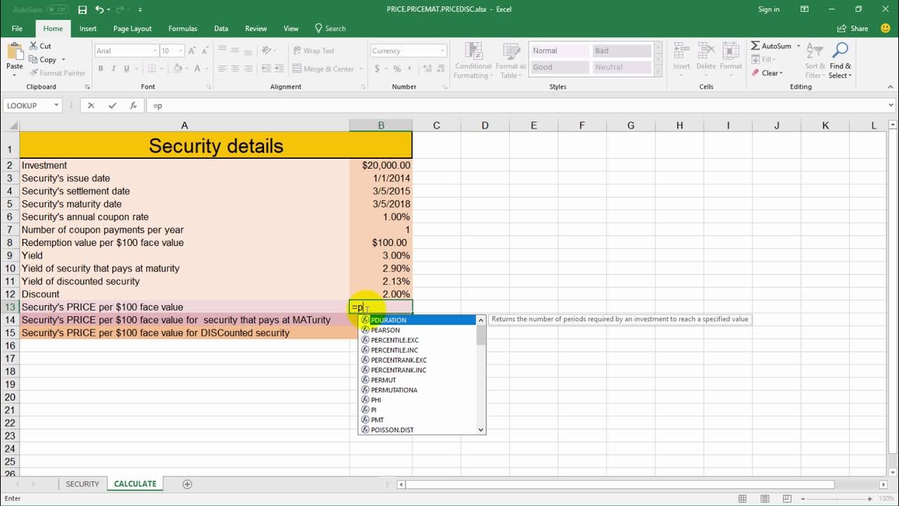 How to use the Financial Functions PRICE, PRICEMAT, PRICEDISC - YouTube