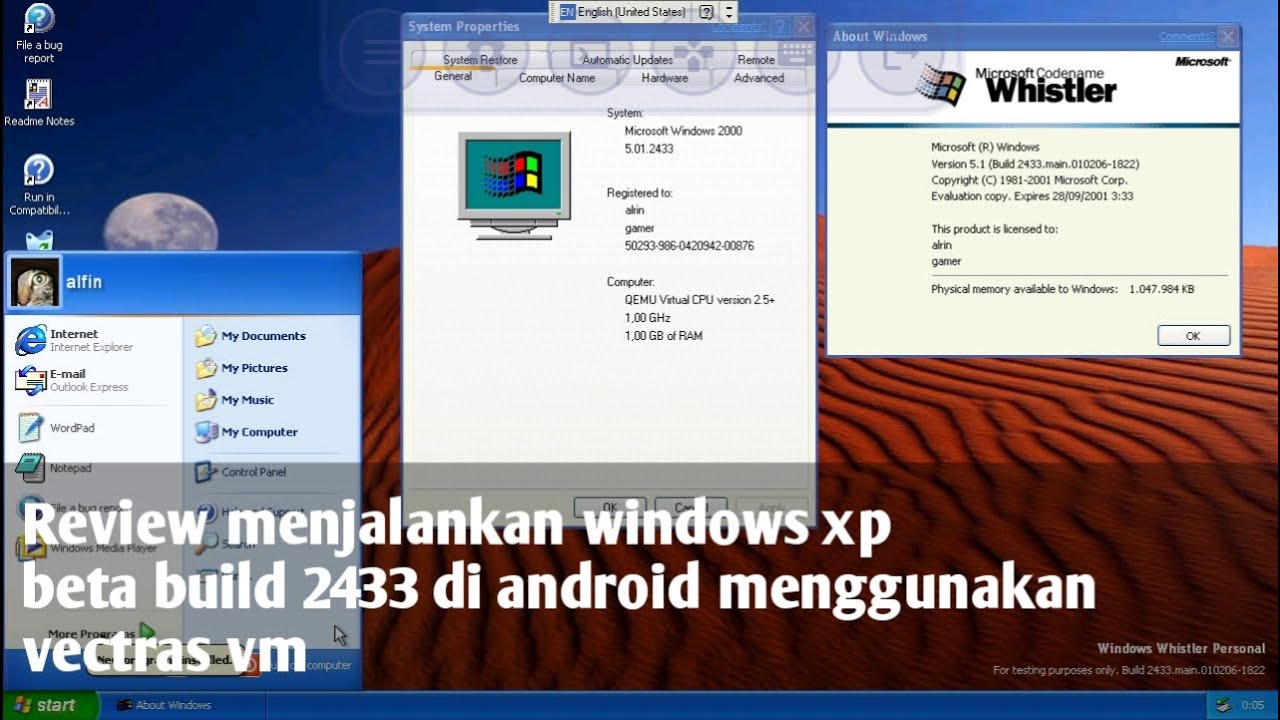 review windows XP beta build 2433 di android menggunakan vectras vm ...