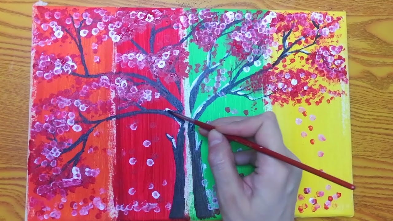 Red Tree and Four Seasons painting / Acrylic Painting Techniques step ...