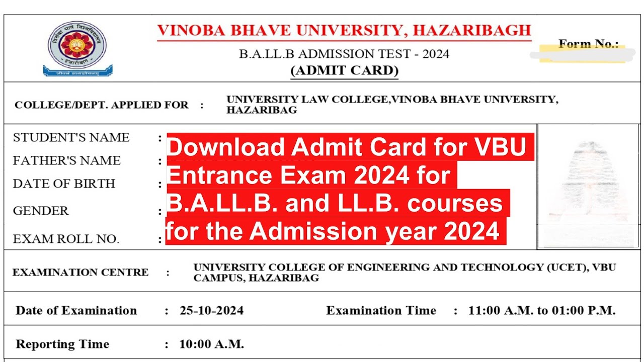 Download Admit Card for VBU Entrance Exam 2024 for B.A.LL.B. and LL.B ...