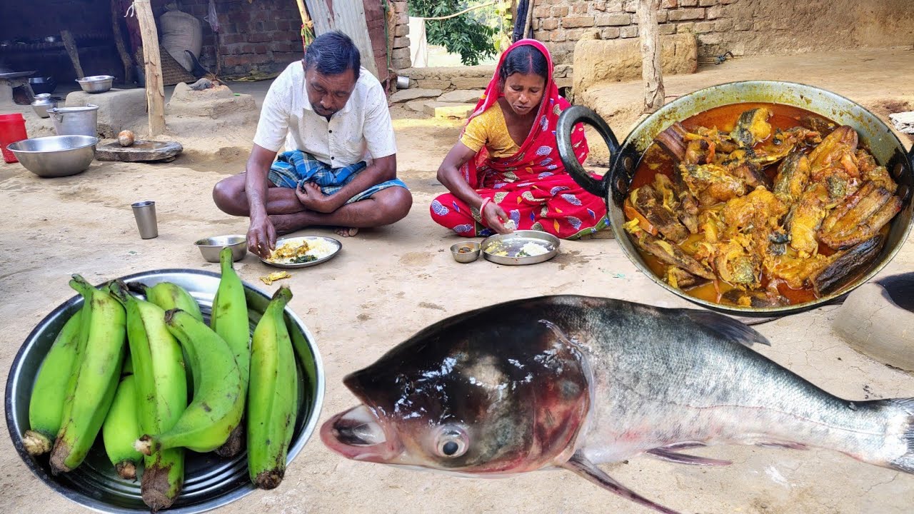 boal FISH CURRY with BANANA cooking and eating|MORINGA leaves with ...