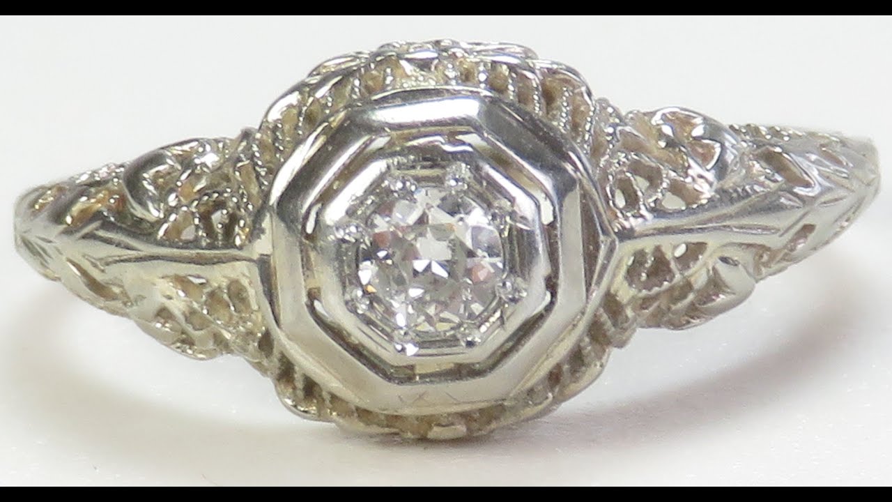 Antique 1920's Diamond Filigree Engagement 17K White Ring Size 5 UK-J1 ...