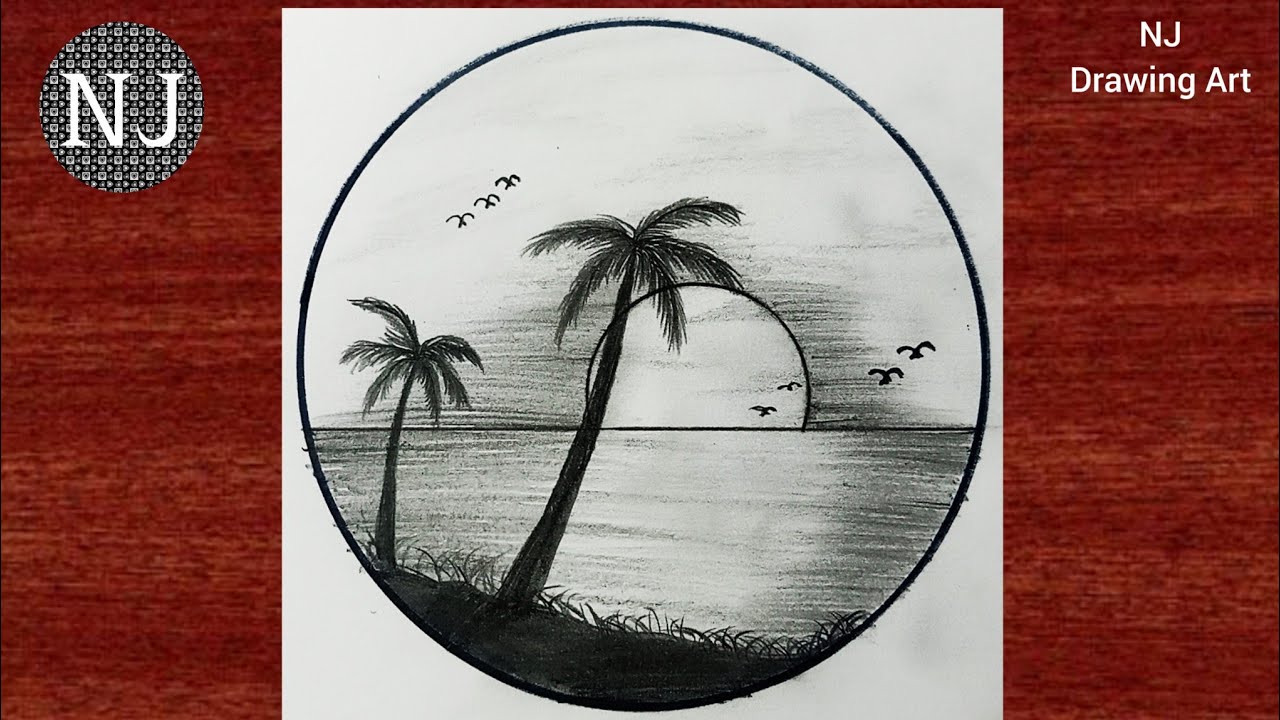 Circle Drawing 🌴 Landscape Scenery Drawing 😱 Easy Pencil Art 😊 Circle ...