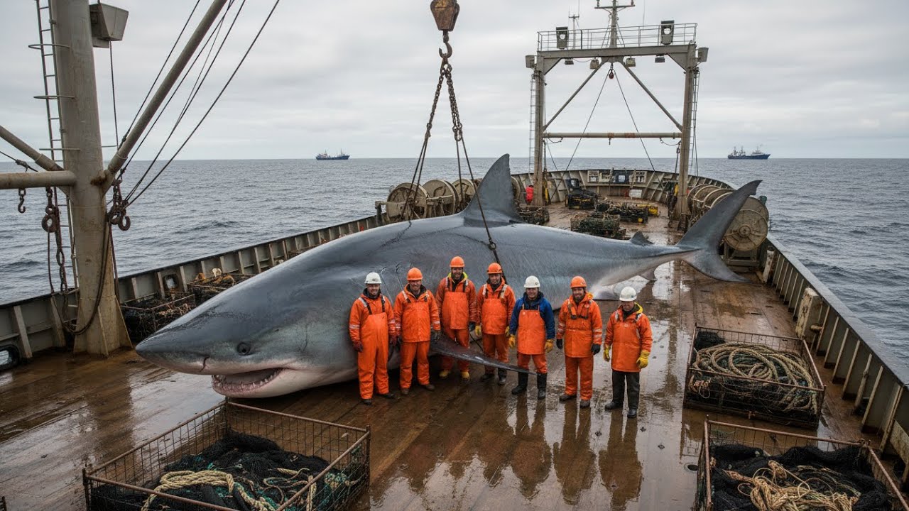 Giant Shark Hauled Onto a Fishing Vessel — Inside a Commercial Fishing ...