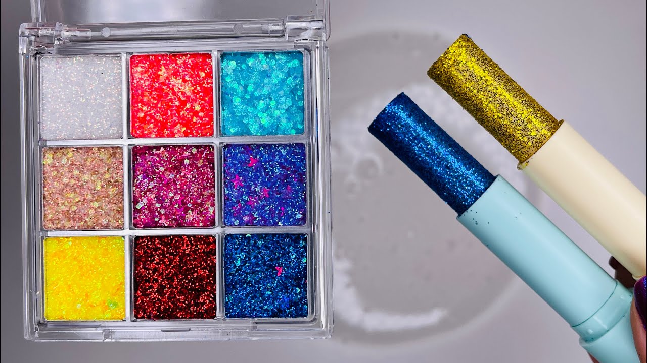 ASMR Makeup Slime! Mixing Glitter Eyeshadow & Lipstick into Clear Slime ...