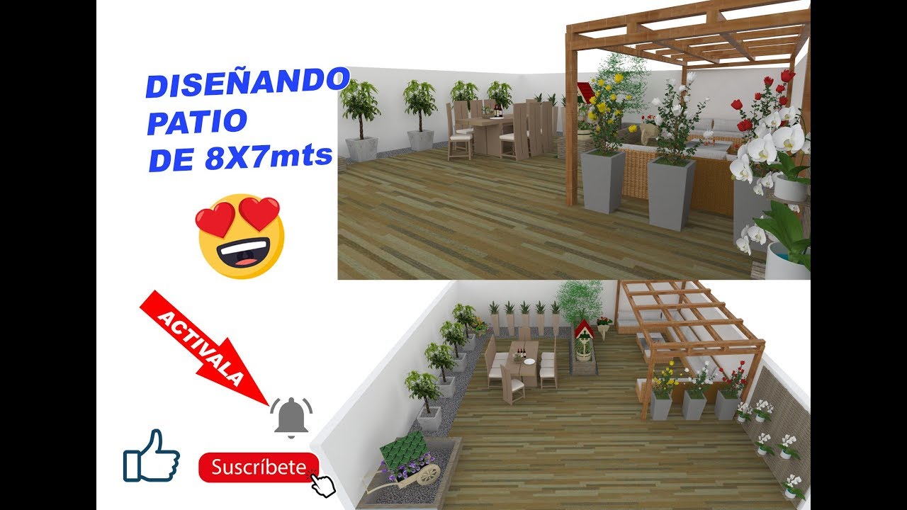 DISEÑO DE PATIO JARDIN 8X7mts PROCESO 3D SKETCHUP - YouTube