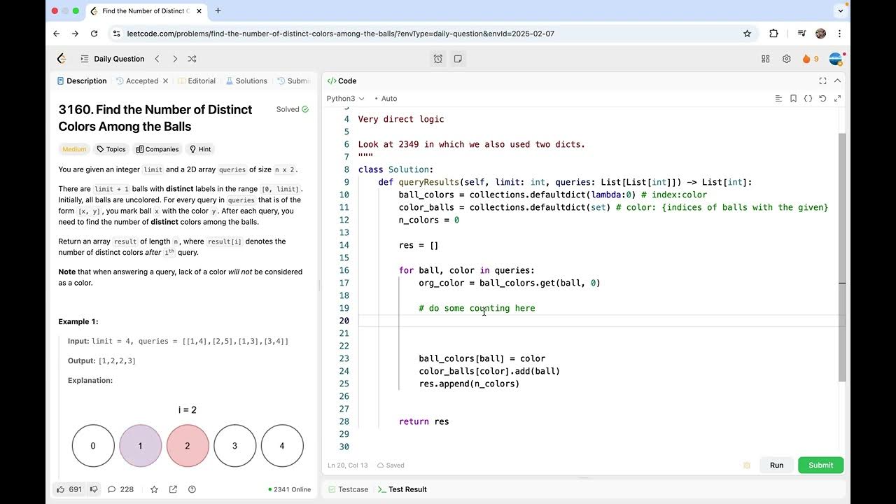 leetcode 3160 Find the Number of Distinct Colors Among the Balls | two dicts - YouTube