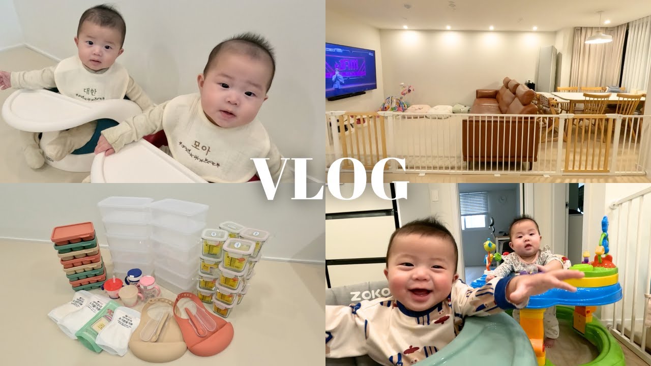 쌍둥이 육아 브이로그 Vlog 이유식 준비 이유식 시작 이유식 큐브 유아 안전문 설치 보행기 개시 Youtube