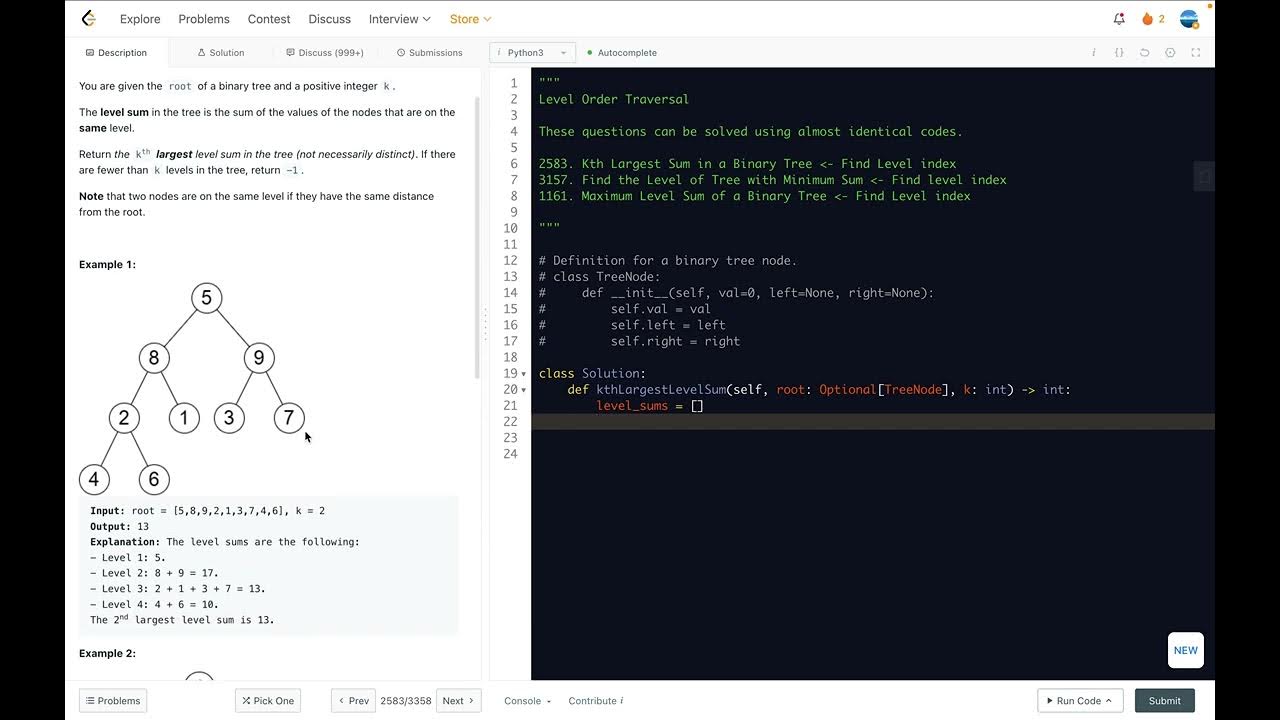 2583 Kth Largest Sum in a Binary Tree | level order traversal, similar questions - YouTube