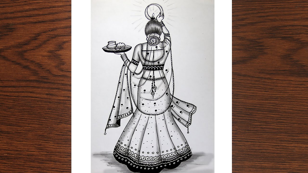 Traditional Karwa Chauth Drawing very easy || How To Draw Karwa Chauth ...