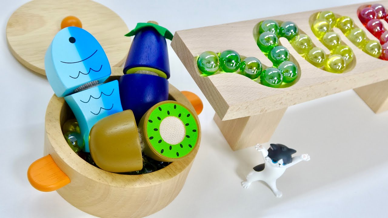 Marble Run Race ☆ HABA Wave Slope, wooden pot & Cutting ASMR【fish, kiwi ...