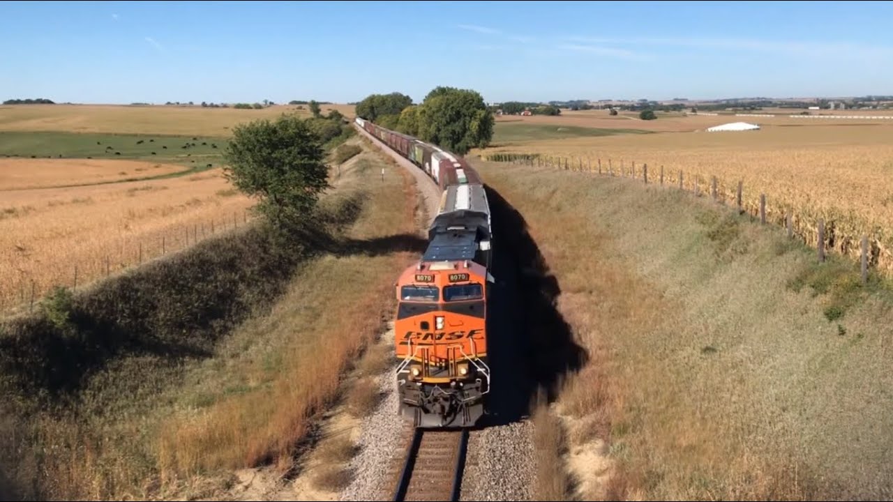 Two Trains on the County Road 52 Overpass near Manley, MN, September ...