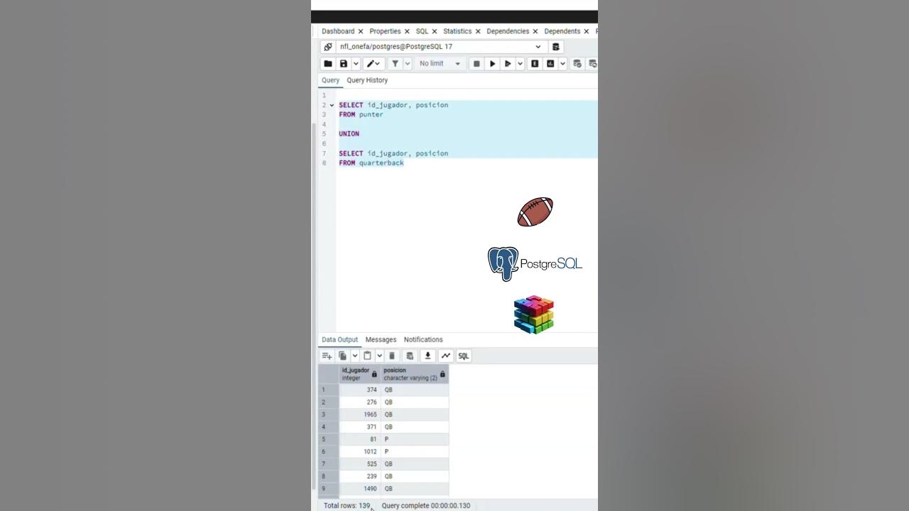 PostgreSQL 17 - Ejemplo: Sentencia UNION y UNION ALL. Jugadores que son punters y/o quarterbacks ...